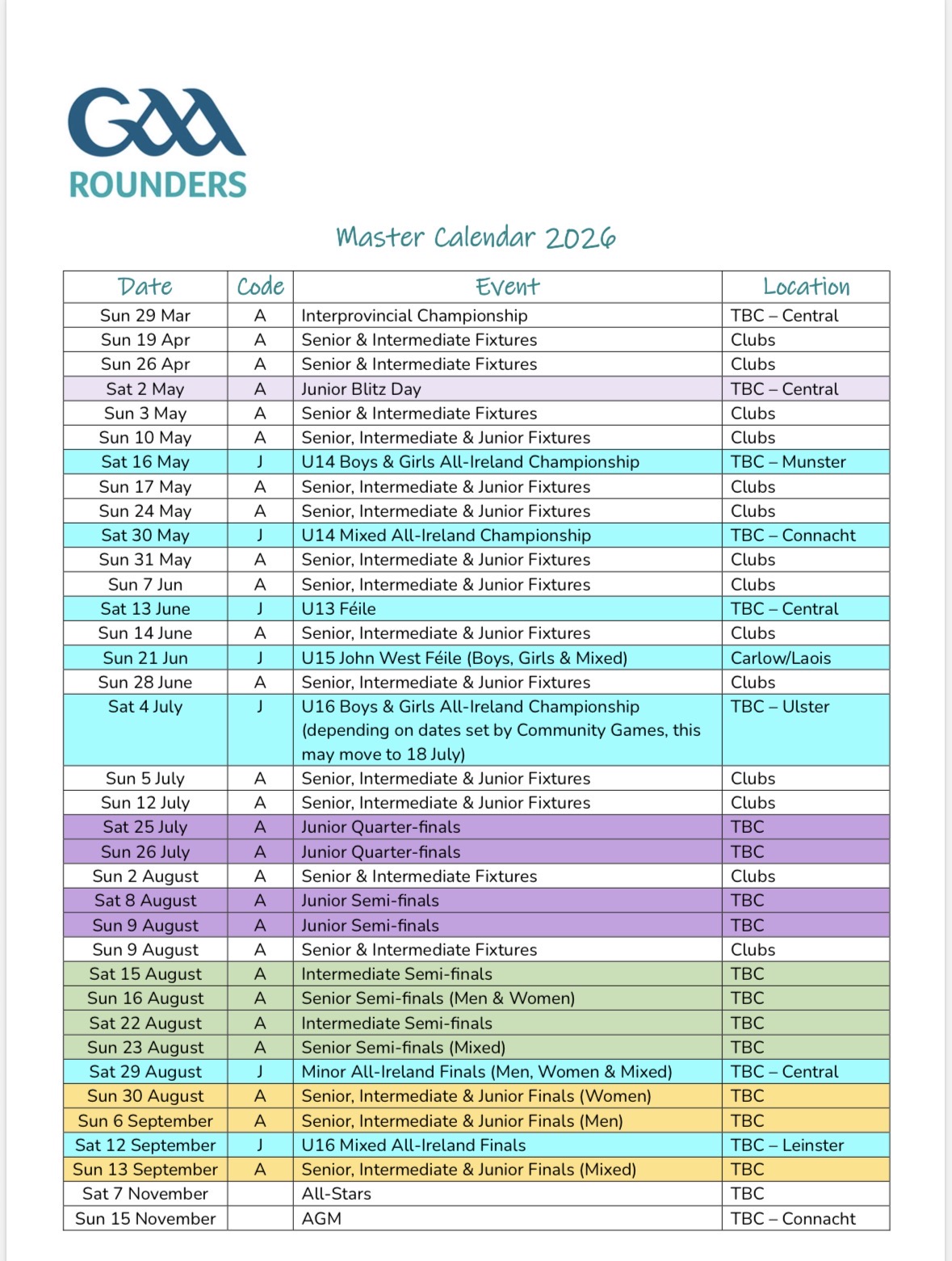2026 GAA Rounders Master Calendar